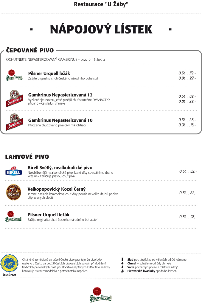 Nápojový lístek - Restaurace Žába